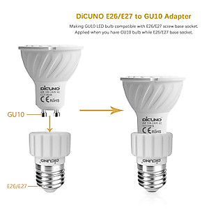 DiCUNO E26 to GU10 Adapter 160℃ Heat Resistant Maximum Wattage 200W E26 Standard Medium Base to GU10 Pin Base Socket Converter E26 Adapter (2-Pack)