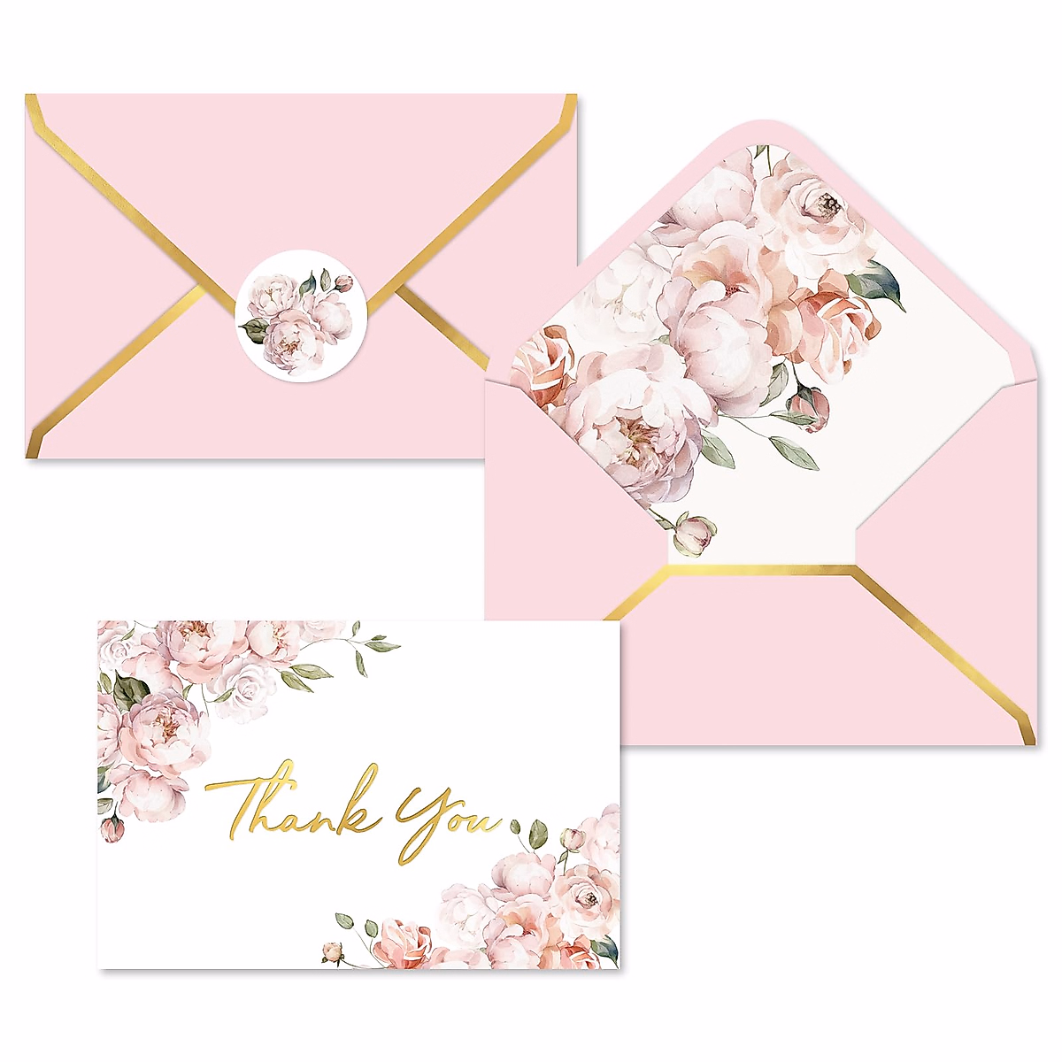 Whaline 24 Sets Floral Thank You Cards Gold Foil Thank You Greeting Cards Watercolor Pink Flower Blank Note Cards with Envelopes Stickers for Bridal Baby Shower Wedding Birthday Party, 4 x 6 Inch