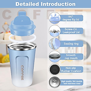 JTRYEMU Travel coffee mug 12 oz Insulated Coffee cup with lid reusable Leak proof Coffee Tumbler Stainless Steel Vacuum Gradient Colorful Thermos cup Thermal Keeps Cold and Hot for Coffee/Tea