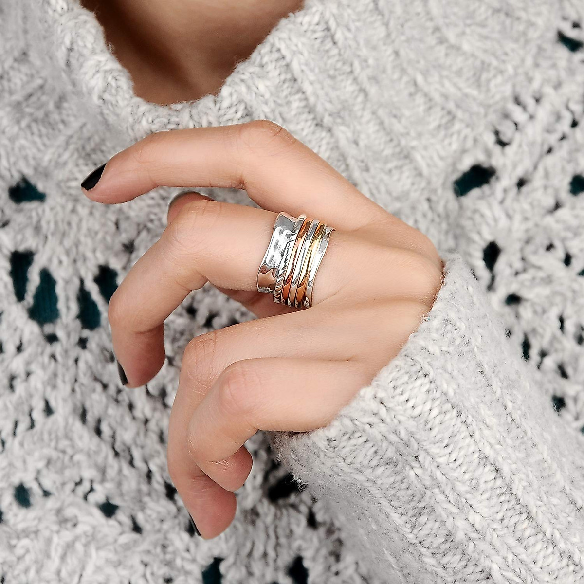 Boho-Magic Spinner Ring for Women 925 Sterling Silver with Copper Brass and Silver Fidget Rings (9)