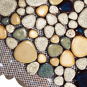 Primoon Pebble Stone Mosaic Tiles 5 Sheets, Beige Tan Brown Ceramic Mosaic Sheets Mesh Mounted 12x12, Glazed Porcelain Tile for Shower Floor Kitchen Bathroom Accent Wall Backsplash 【5 Sheets】