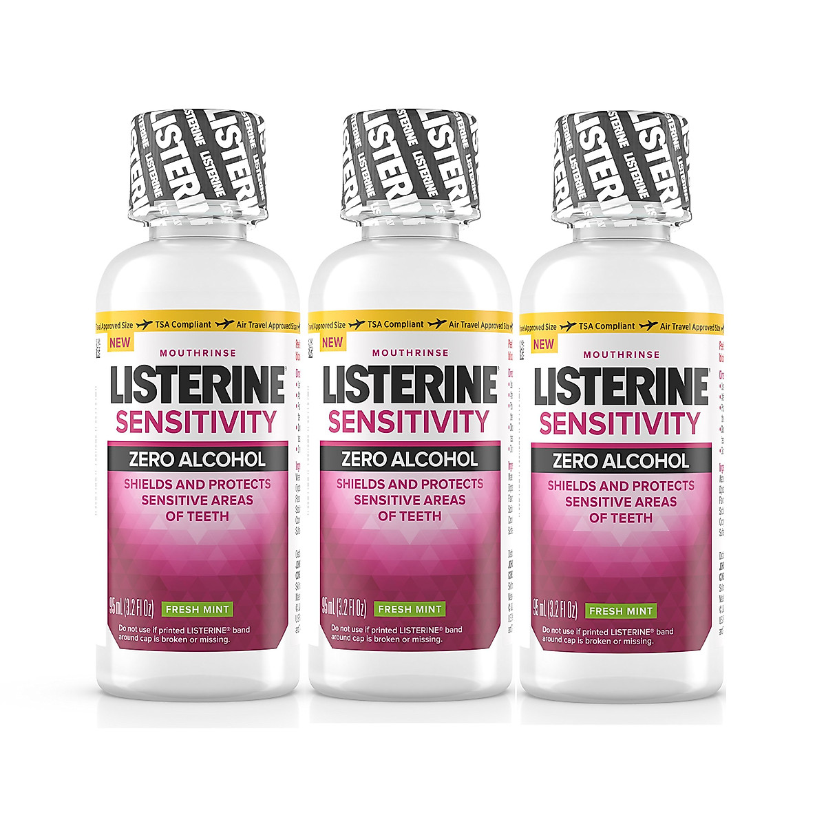Listerine Sensitivity Mouthwash, Zero Alcohol Mouth Rinse, Fresh Mint, Travel Size 3.2 Ounces (95ml) - Pack of 3