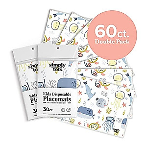 Stick-On Disposable Placemats for Baby and Kids - 60 Pack with Cute Print - 12"x18" Strong Adhesive Toddler Placemats - Easy Clean Up & Germ Free - For Restaurants, Home, or Travel | Simply Tots Brand