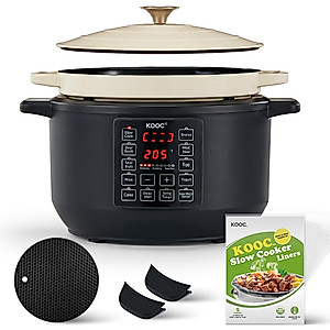 KOOC 10-in-1 Slow Cooker 6 qt White, Electric Dutch Oven, Slow Cook, Braise Pot, Sear/Sauté, Enameled Cast Iron with Self-Basting Lid, 1500W KDO600W