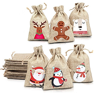 LOKIPA Christmas Jute Burlap Bags, Xmas Jute Linen Burlap Drawstring Gift Treat Candy Bag for Xmas Favors (24)…