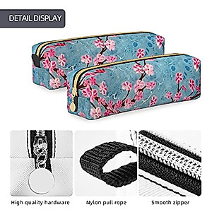 Cherry Blossom Sakura Leather Pencil Case Bag with Zipper Women Makeup Bag Durable Portable Suitable for School Work and Office 8.3 x 2.2 In