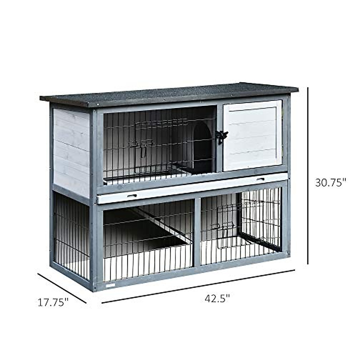 PawHut 43" L Wooden Rabbit Hutch Bunny Cage Small Animal House Enclosure with Ramp, Removable Tray and Weatherproof Roof for Outdoor, Grey