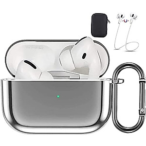 Aiiko AirPods Pro Case Cover, Soft TPU Plated Full Protective Shockproof Cover with Keychain/Anti-Lost Straps and EVA Box Set for AirPods Pro Case 2019 (Front LED Visible)-Silver