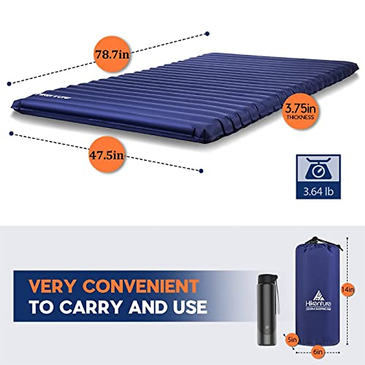 Hikenture Double Sleeping Pad,Extra Thick 3.75in Camping Mattress 2 Person,Queen Size Inflatable Air Mat,Lightweight and Compact,for Backpacking,Car Camping,Hiking,Tent,Cot(Navy Pumpsack)