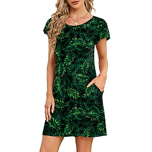Askyes Womens Summer Spring Dresses Swing T-Shirt Beach Sun Dress Short Sleeve Round Neck Casual Dress,Green Leaf Flower,M