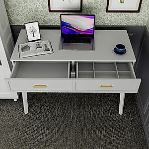 White Home Office Desk with Drawers Storage, Computer Writing Desk with Polished Gold Handle
