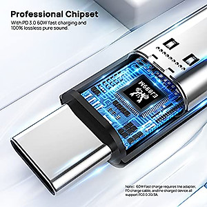 USB Type C to 3.5mm Headphone Jack Audio Adapter and Charger,2 in 1 USB C to Aux Audio Adapter with 60w PD3.0 Fast Charger,Compatible with Samsung Galaxy A53 A33 S23 S22 S21,Google Pixel 7