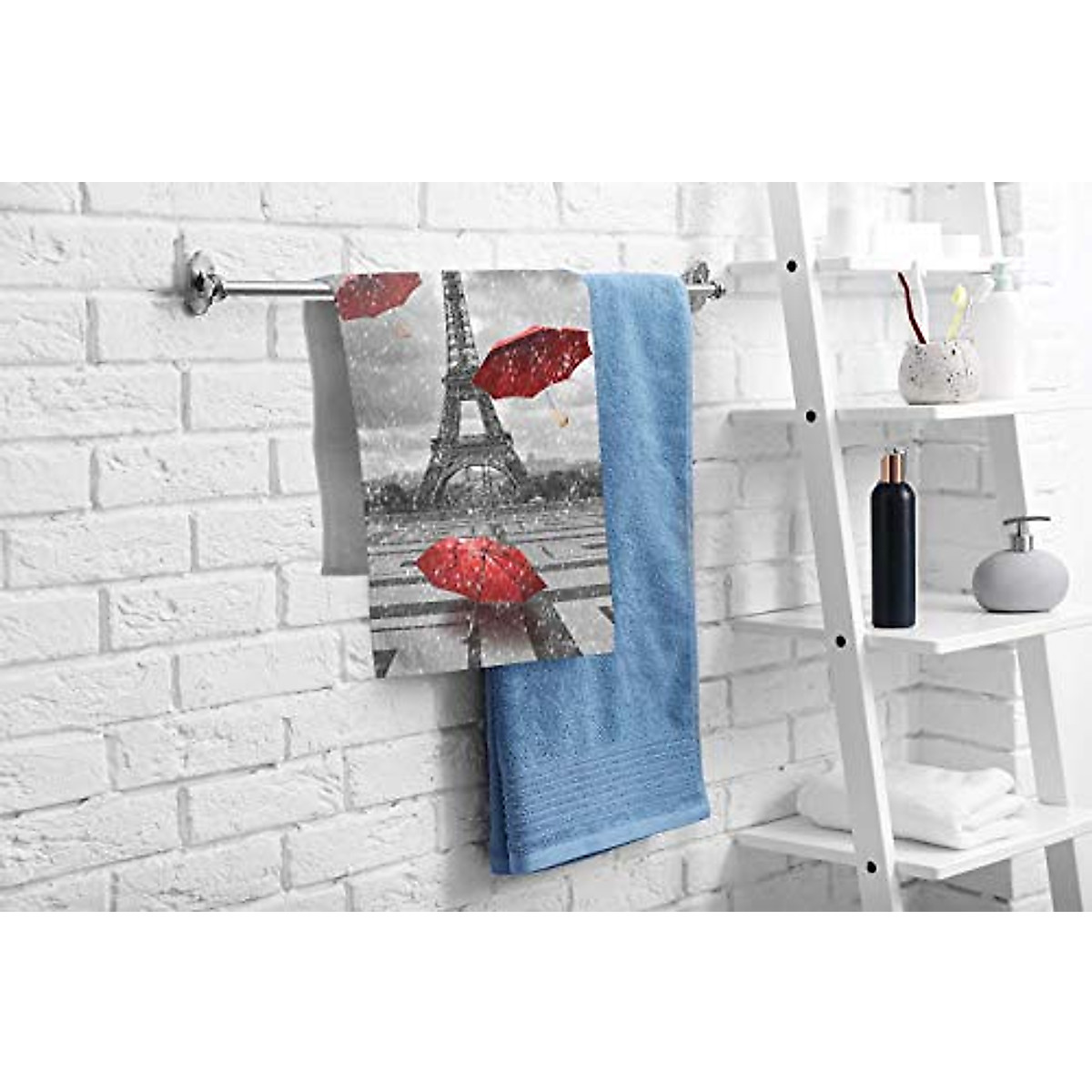 oFloral Eiffel Tower with Flying Umbrellas Hand Towels Cotton Washcloths,Romantic France Pairs Rainy Black and White Red Soft Towels for Bathroom/Yoga/Golf/Hair/Face Towel for Men/Women 15X30 Inch