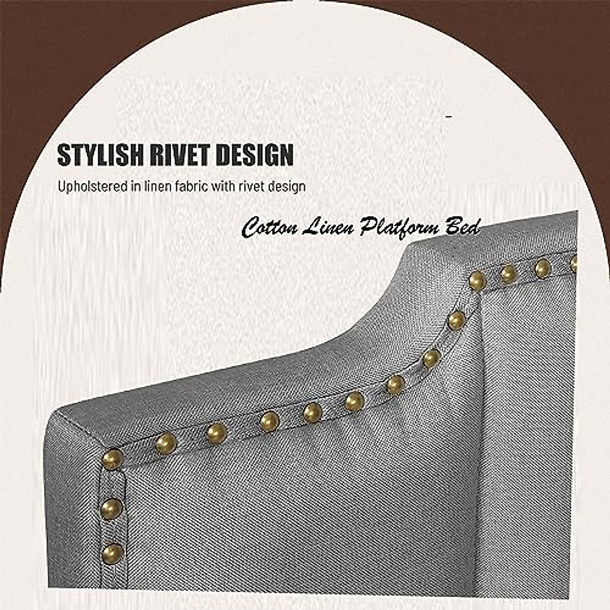 Queen Size Linen Upholstered Platform Bed Frame with 2 Big Drawers, Modern Rivets Design Platform Bed with Stitched Padded Headboard & Wood Slats Support for Bedroom, No Box Spring Needed (Grey)