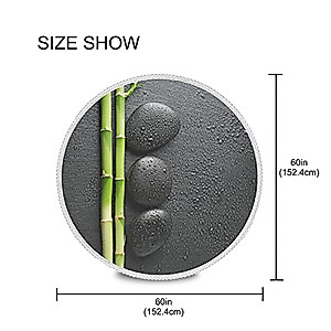 Black Zen Basalt Stones with Dew Green Bamboo on Dark Round Table Cloth, Circle Table Linen White Lace Dinner Tablecloth Mat, Desk Cloth Cover for Home Party Wedding 60 Inches