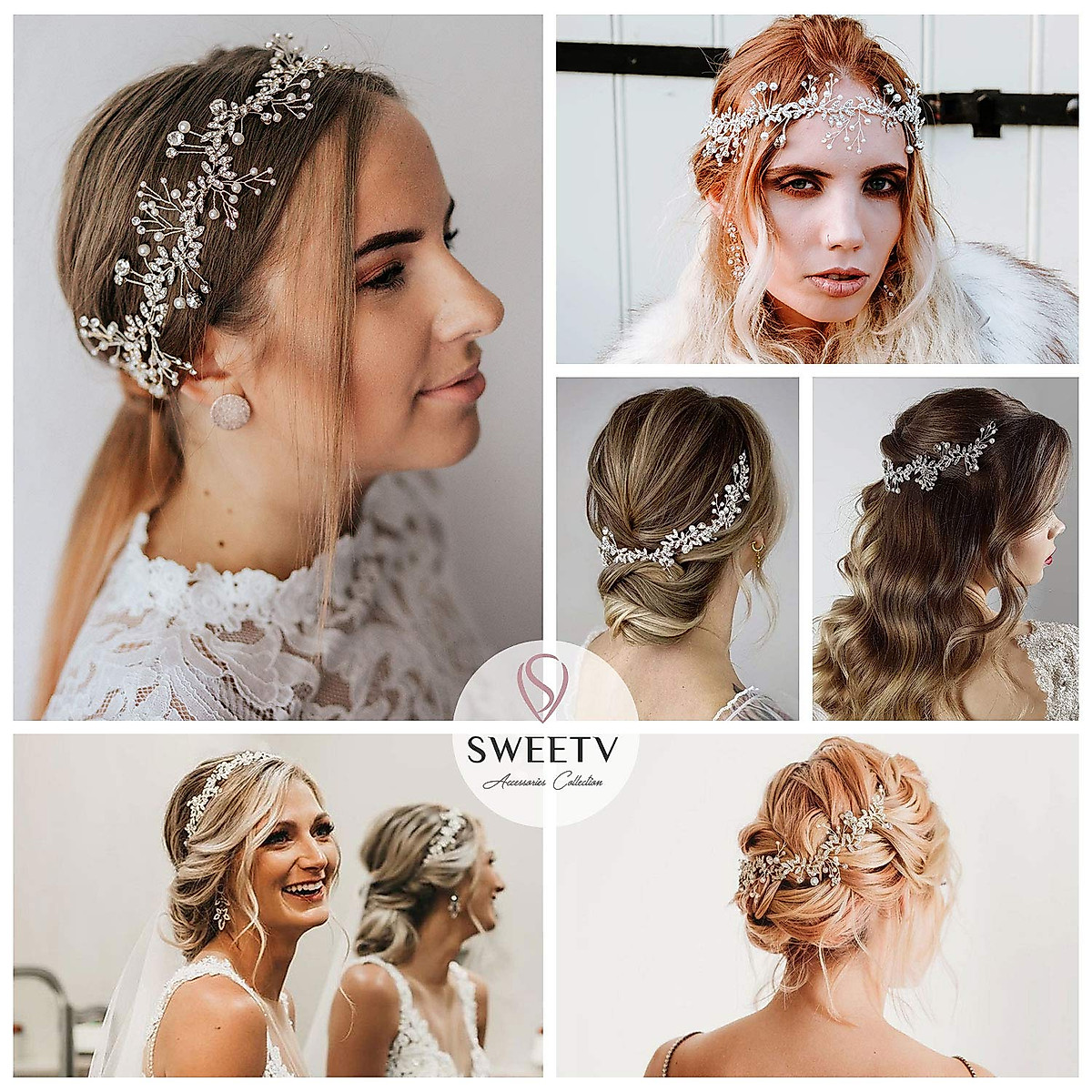 SWEETV Crystal Bridal Headpieces for Brides Silver Wedding Hair Accessories Bride Headband Pearl Hair Vine Rhinestone Hair Pieces for Women