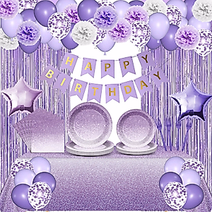 147Pcs Ombre Purple Party Decors Gradient Pastel Purple Plates Tableware Set Party Supplies Light Purple Balloons Banner Tinsel Foil Fringe Curtains Kit for Girls Women Birthday Wedding Party Favor