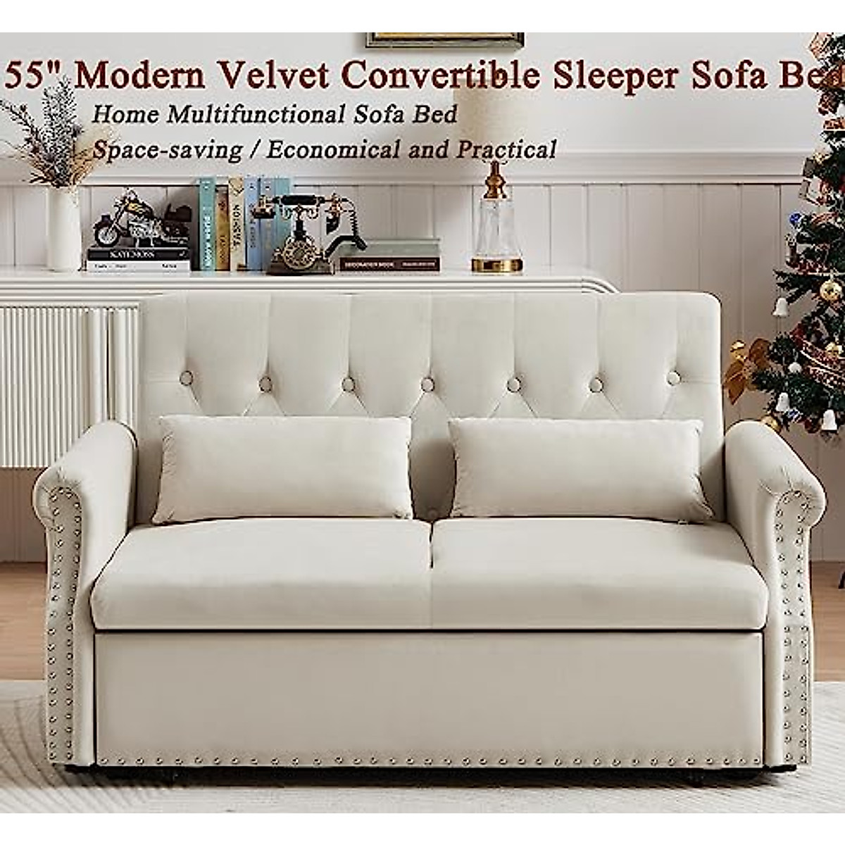 55" Convertible Loveseat Sofa Couch with Pull-Out Sleeper, 3-in-1 Modern Love seat Couch Bed with Adjustable Backrest and 2 Pillows,Velvet 2 Seater Couch Bed for Small Spaces Living Room(Beige)