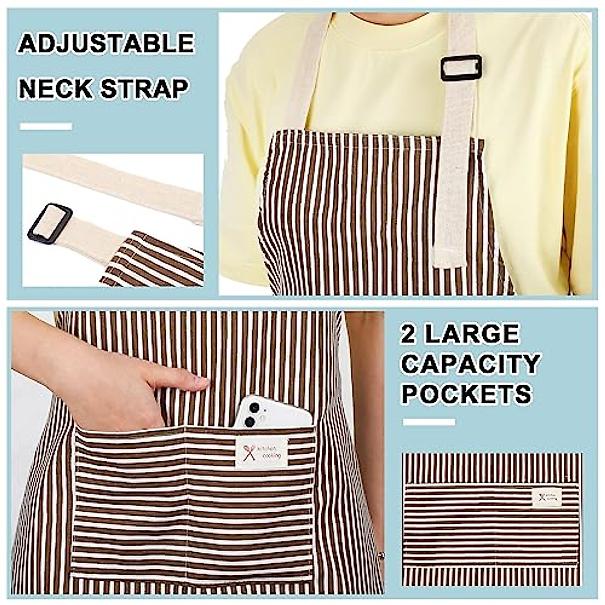 Janmercy 24 Pcs Aprons for Women Men with 2 Pockets Linen Cooking Kitchen Apron Adjustable Bib Chef Apron Bulk Aprons Unisex (Brown/Blue Stripes)