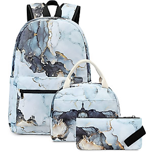 Girls School Backpack Marble Schoolbag Laptop Bookbag Insulated Lunch Tote Bag Purse Teens Boys Kids (Marble 23- Blue 3 piece)
