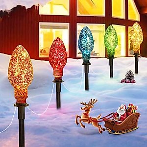 Brightown Jumbo Christmas Pathway Lights-Outdoor Lights with 5 Stakes, Connectable C9 Bulb Decor Lights for Lawn, Walkway, Yard, Garden, Driveway, Xmas Lights Decoration, 5 Lights, 6.5FT, Multicolored