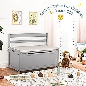 Curipeer Kids Toy Box Chest, Gray Rubber Wood Toy Box for Boys Girls, Large Storage Cabinet with Cushion Seat Bench/Flip-Top Lid/Safety Hinge, Toy Storage Organizer Trunk for Nursery, Playroom