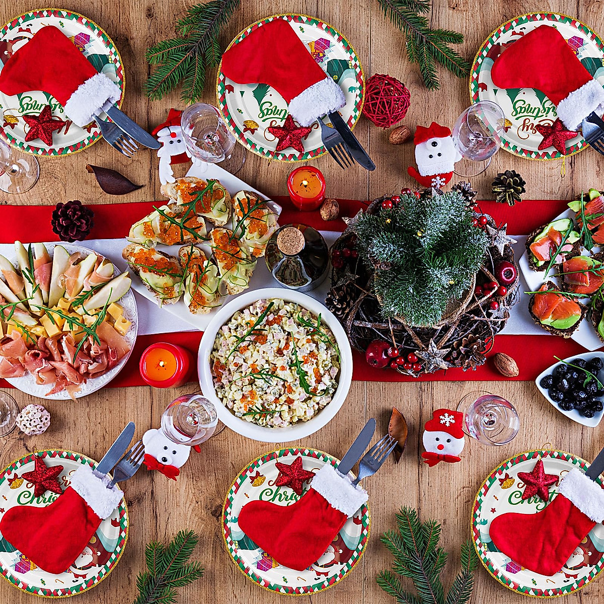 AFZMON 50 Pack Christmas Party Plates Dessert Paper Dinnerware Plates, 7 Inch Snowman Santa Gift Box Wooden Cottages Theme Disposable Round Plate for Xmas Holiday Party Supplies