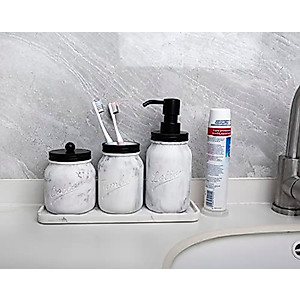 Artfrog Bathroom Accessory Set,Marble Bathroom Accessories,Mason Jar Bathroom Accessory Set, 4 Pcs Bathroom Accessory Set, Marble Look, Include Lotion Dispenser &Tumbler& Cotton Jar&Tray
