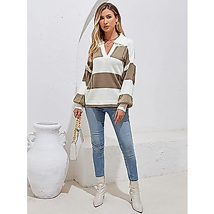 ZAFUL Women 2023 Striped V Neck Long Sleeve Sweater Fall Lapel Collar Ribbed Knit Loose Pullover Sweater Jumper Top Brown