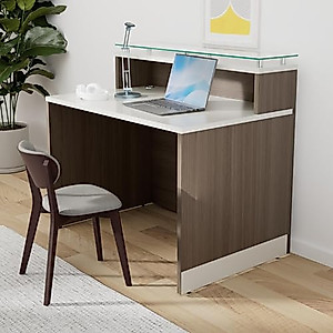 NBF Modern Small Reception Desk Counter Office Lobby Salon Durable Driftwood Laminate Cable Management Desk Compact 48" W x 32" D