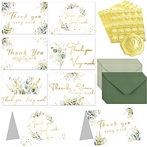 Qilery 120 Set Thank You Cards with Envelopes and Stickers for Wedding 5 x 3.5 Inch Sage Green Gold Foil Blank Thank You Notes Greeting Cards for Bridal Shower, Birthday, Graduation