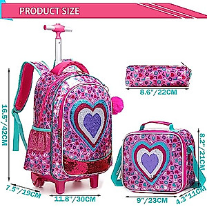 JSMNIAI Rolling Backpack for Girls Backpack with Wheels Kids Luggage for Elementary Students with Lunch Box Set Love Travel Suitcase for Girls Age 6-8