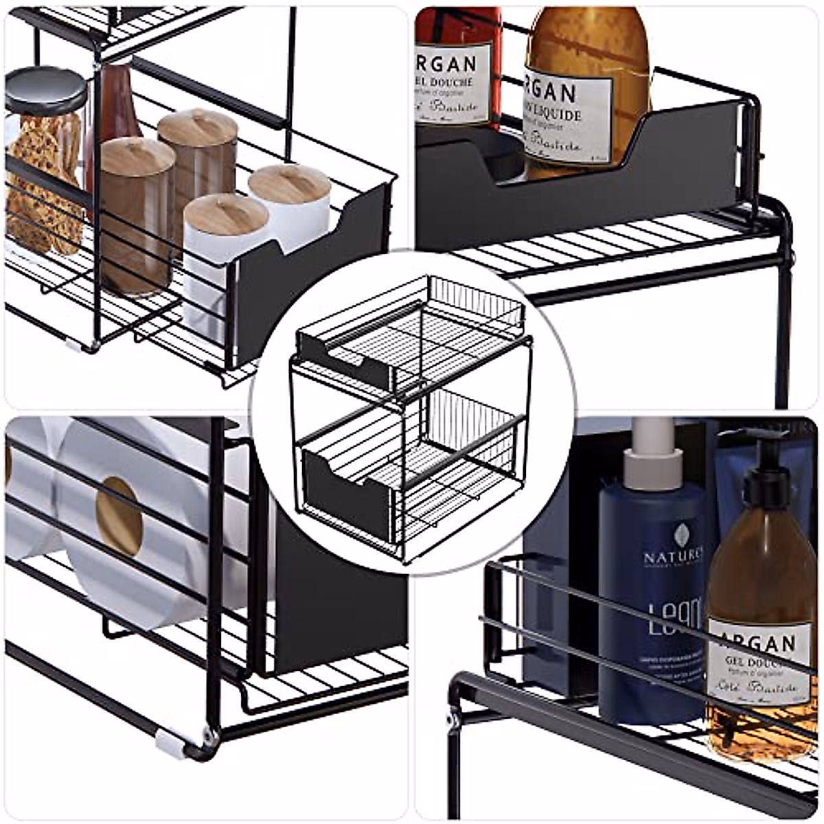 DOLALIKE Pull Out Under Sink Cabinets Organizer, Stackable 2 Tire Sliding Countertop Organizer, Under Sink Storage Drawer Shelf for Kitchen (Black)