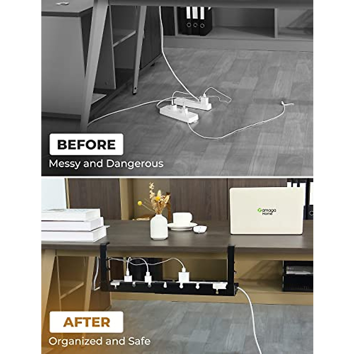 yamagahome Under Desk Cable Management Tray, 14"-21" Retractable Cord Organizer for Desk, No Drill Cable Tray Basket for Wire Management, Sturdy Metal Cable Management with Clamp for Home Office