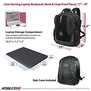 Core Gaming Laptop Backpack From Mobile Edge Core Gaming, 17.3 Inch, External USB 3.0 Quick-Charge Port w/Built-in Charging Cable, Patch Panel - Black w/Red Trim - MECGBPV1
