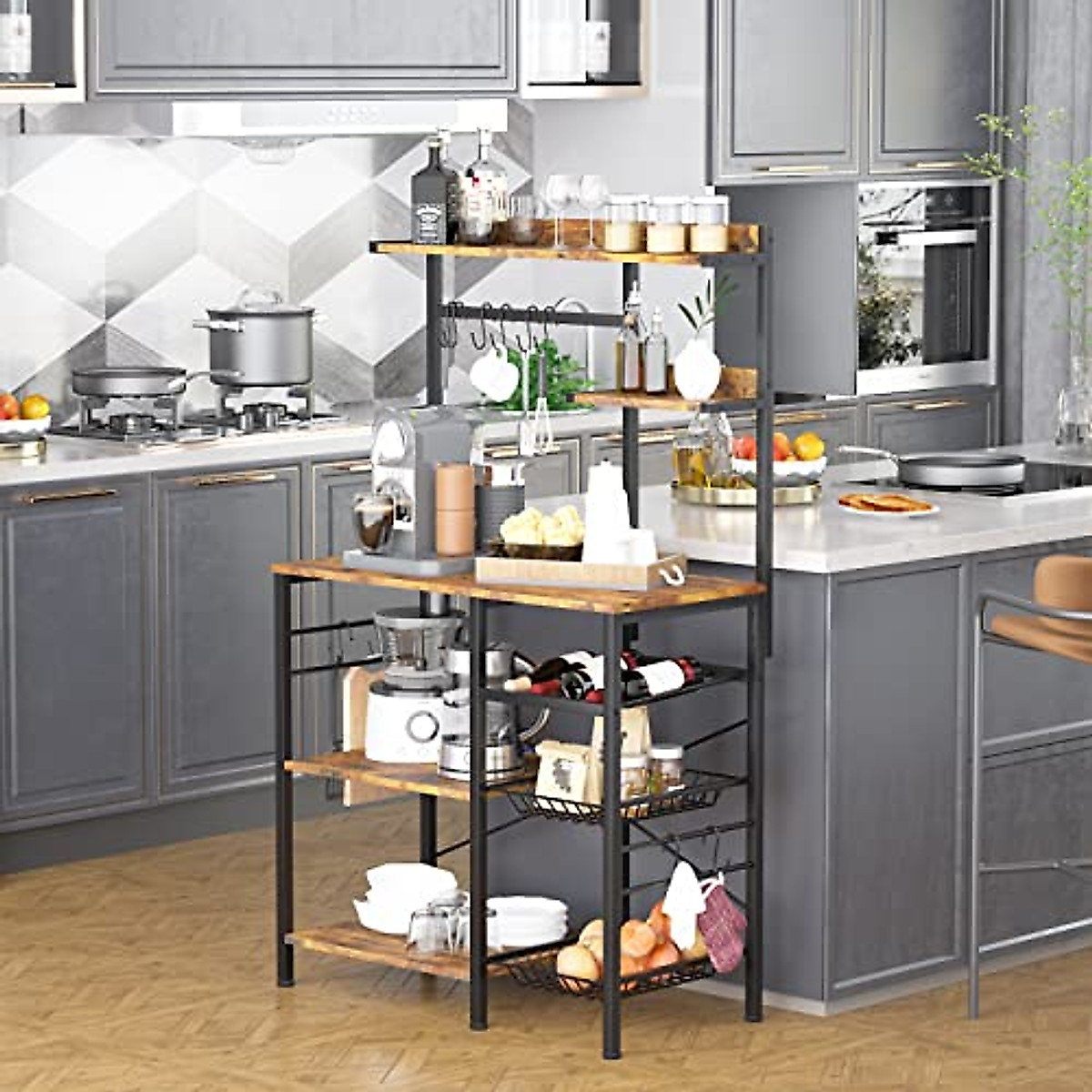 Kitchen Baker’s Rack with 2 Pull Out Wire Baskets, Microwave Stand with Storage Shelf & Wine Rack, 5-Tier Utility Coffee Bar Station with 10 Hooks for Spice Rack Organizer Workstation, Rustic Brown