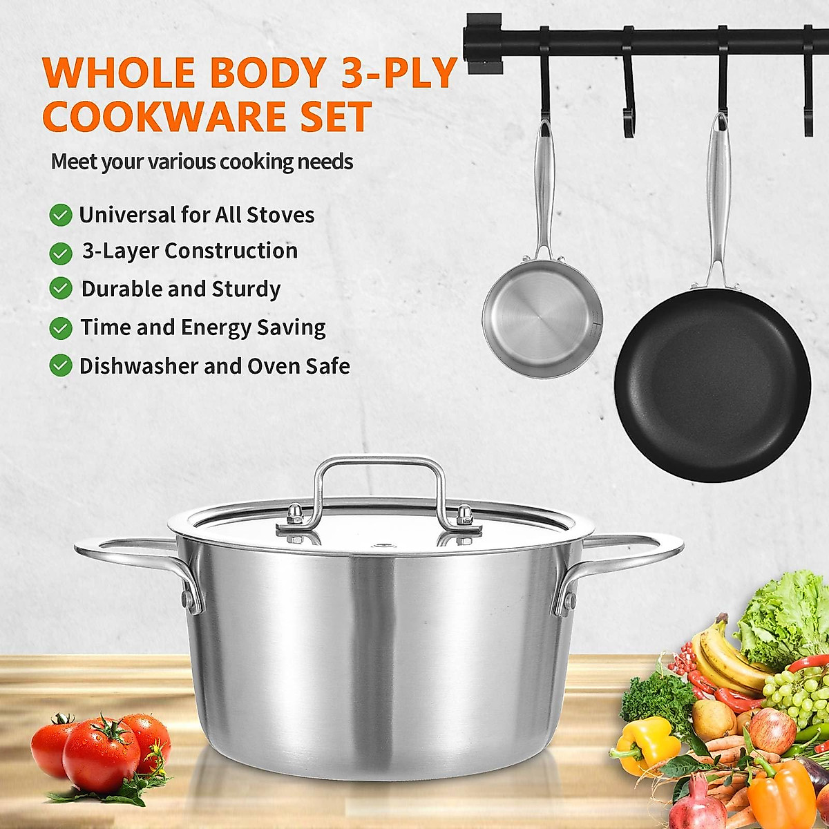 LOLYKITCH Tri-Ply 3 Quarts Stainless Steel Induction Cooking Pot,Small Stock Pot,Sauce Pot with Lid,Dishwasher and Oven Safe.