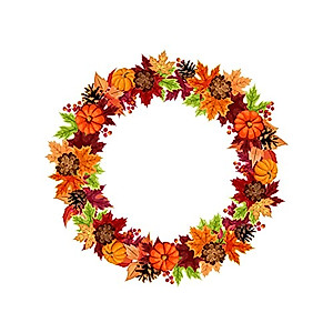 Fall Front Door Wreath Thanksgiving Winter, Halloween Wreaths Autumn Circle Hello Sign Pinecone Indoor Festival Wedding Forsythia Orange Wreaths Floral Colorful Teardrop Foliage Grasses Adorned