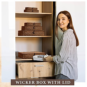 Beeveer 6 Pcs Seagrass Storage Baskets with Lid Large Wicker Decorative Storage Baskets Stackable Boxes Woven Rectangular Rattan Storage Bins Shelf Baskets Organizer for Closet Bedroom, Coffee