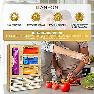 RANEON, Bamboo Ziplock Bag Organizer, 6 in 1 Plastic Wrap Dispenser with Cutter, Ziplock Bag Storage Organizer for Gallon,Quart,Sandwich,Snack