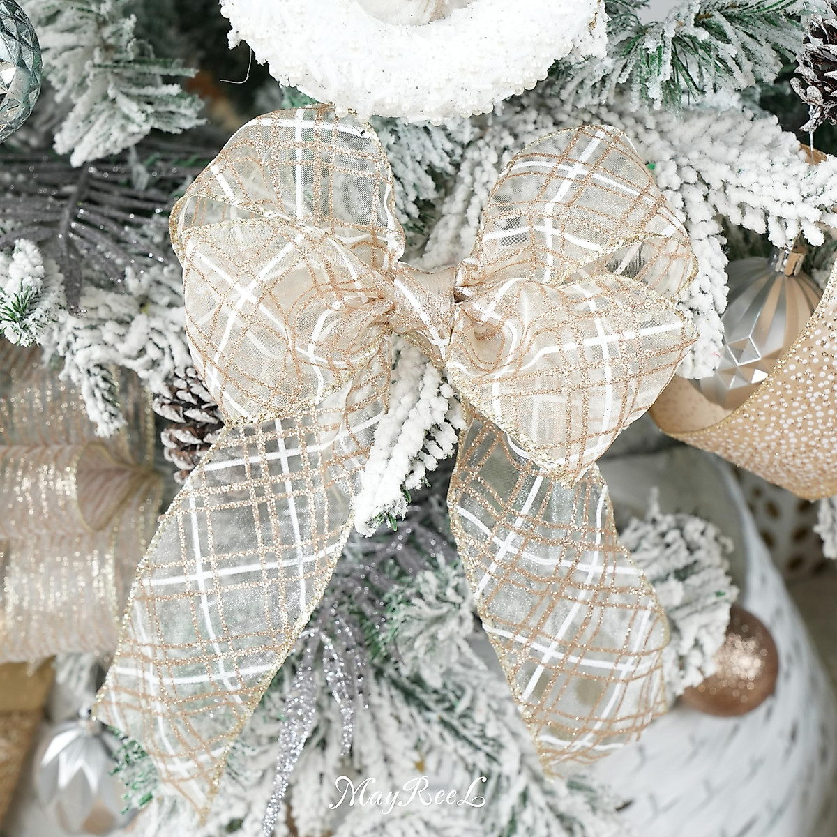 MAYREEL Champagne Christmas Ribbon Wired 2.5 Inch Champagne Gold Ribbon for Christmas Trees Wreaths Tree Toppers Crafts Home Decor Gift Wrapping 6 Rolls Total 36 Yards