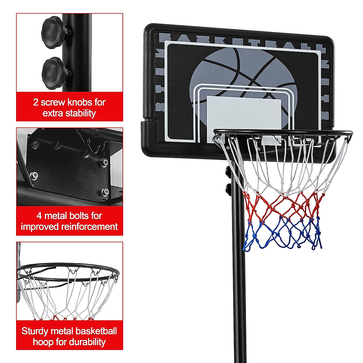 Yaheetech Height Adjustable Basketball Hoop Stand Portable Basketball Goal System Set with 30'' PE Backboard w/ 2 Wheels 7.2ft-8.2ft Height Use for Indoor & Outdoor Sports