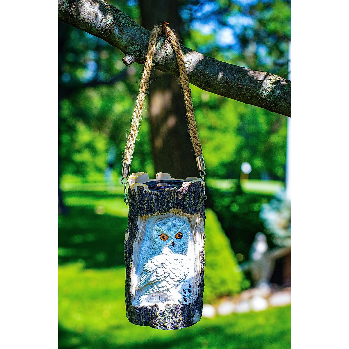The Roo - White Owl Solar Powered Figurine - Outdoor Garden Decor - Backyard Waterproof Animal Garden Statue - Hanging Owl Solar Powered Light for Outside - Patio, Yard, and Lawn