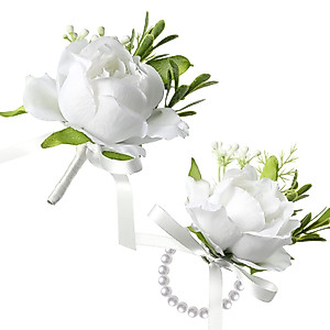 Jexine 12 Pcs Rose Wrist Corsage Wristlet Band Bracelet and Men Boutonniere Set White Flower Corsage Wrist Flowers and Boutonniere Buttonholes for Wedding Flowers Accessories Decor