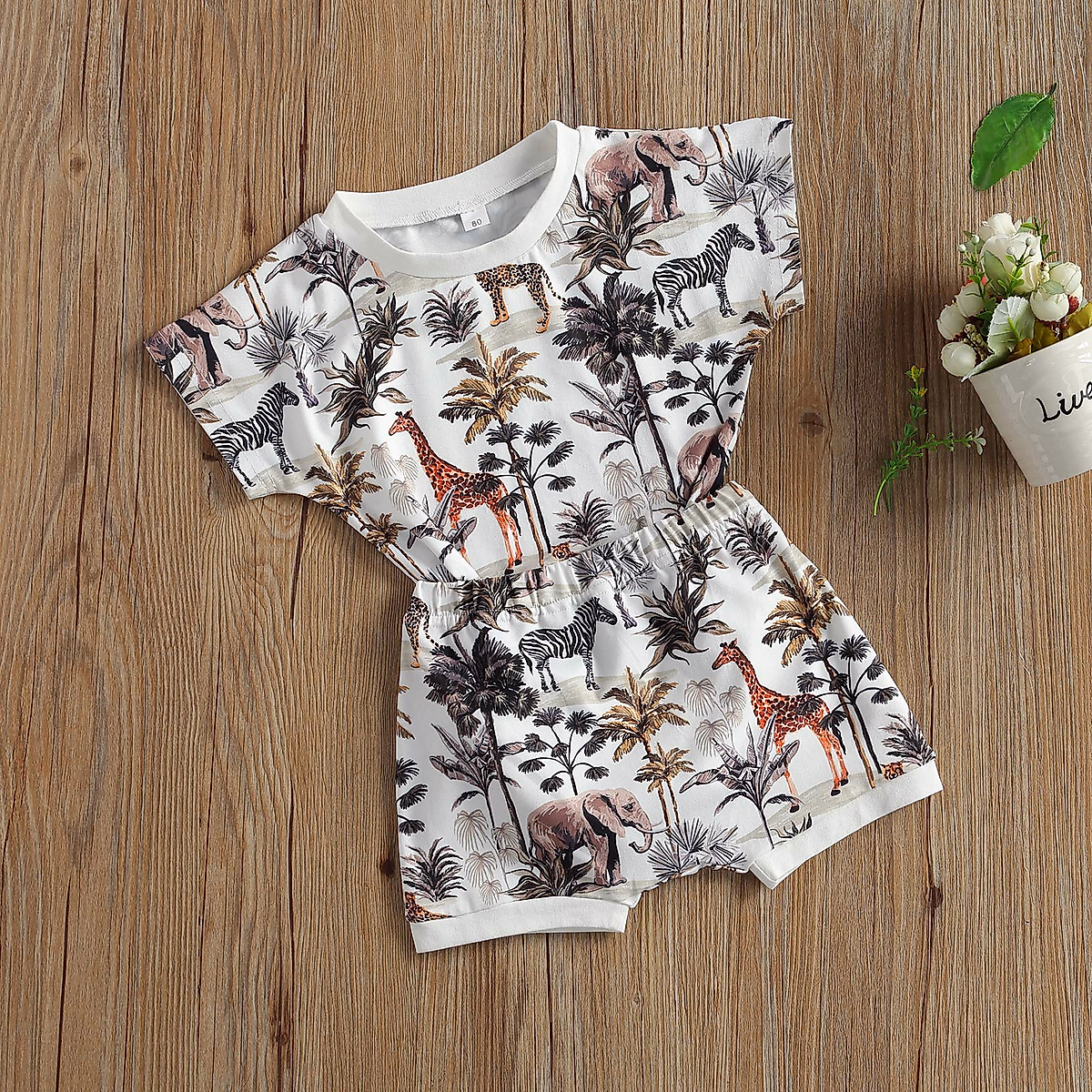 Toddler Baby Boys Summer Clothing Sets Forest Animal Print Romper Short Sleeve Bodysuit Tops and Shorts 2PCS Outfit (White, 12-18M)