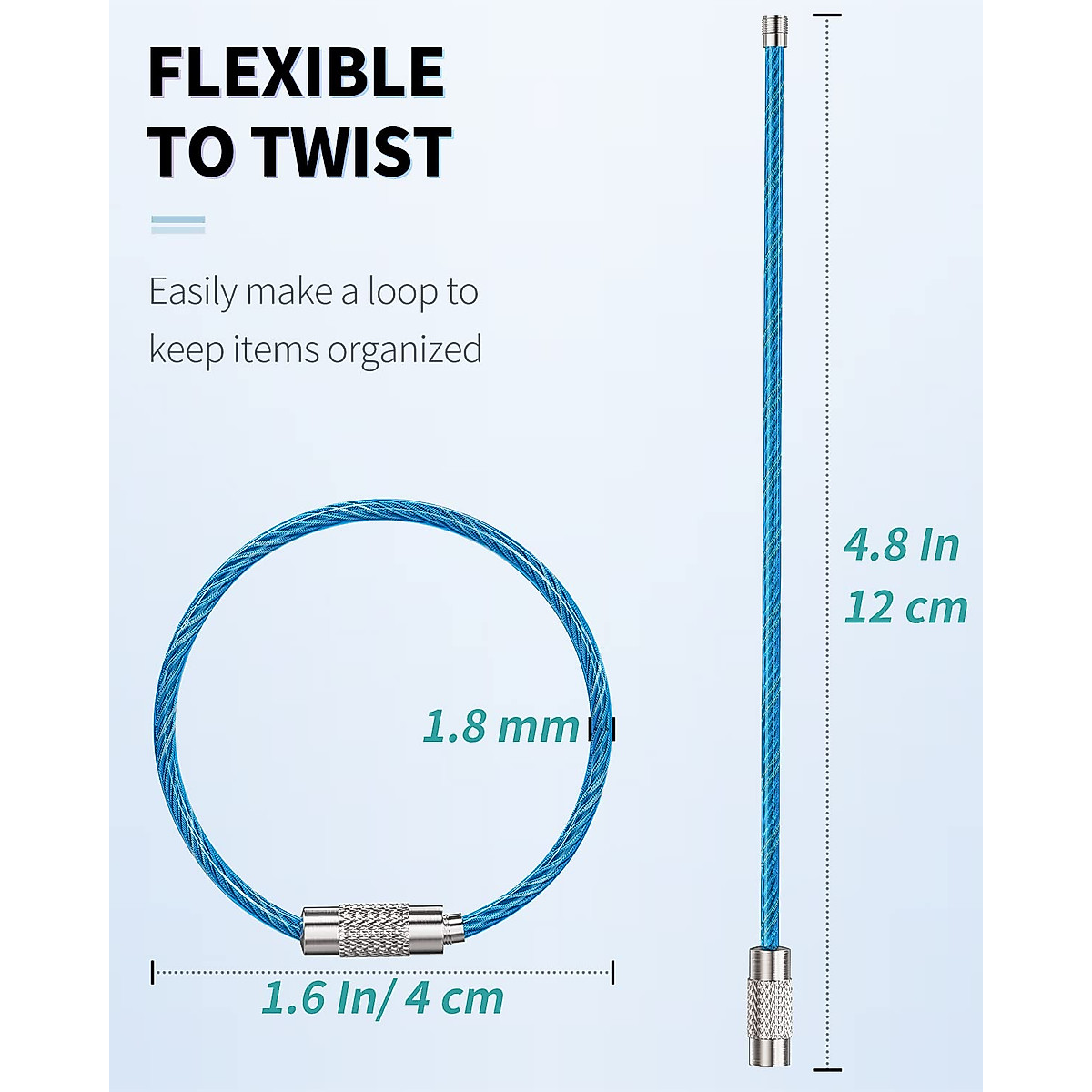 Uniclife 4 Inch Wire Keychain Cable in 6 Assorted Colors Large Stainless Steel Key Ring Loop Holder for Outdoor Hiking Heavy Duty Connectable Luggage Tag Keeper for Sport and Travel, 12 Pack