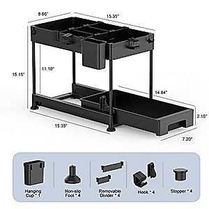 SODPE Bathroom Cabinet Organizer, 2 Tier Under Sink Organizer, Sliding Kitchen Basket Organizer Drawer, Multi-purpose Storage Shelf for Kitchen Countertop and Cabinet with Hooks, Hanging Cup, Divider