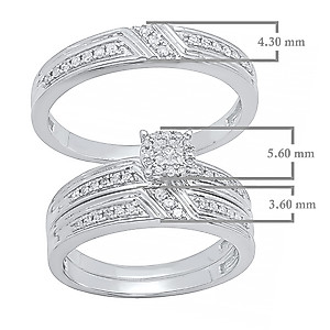 Dazzlingrock Collection 0.35 Carat (ctw) Round White Diamond Illusion Framed Wedding Trio Ring Set in 925 Sterling Silver, Women size 7 & Men size 10