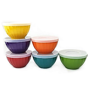 KX-WARE Melamine Fluted Bowls Set with Lids - 6pcs 15 oz Cereal/Prep Bowls, 6 Assorted Color | Break-resistant 100% Melamine Bowls and Plastic Lids | Dishwasher Safe, BPA Free