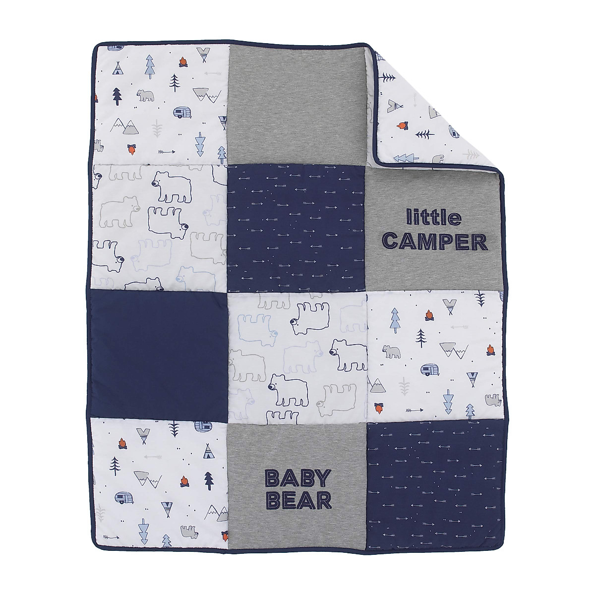 Explore Baby Bear 4 Piece Navy, Grey, Light Blue, Orange Nursery Crib Bedding Set - Comforter, 100% Cotton Crib Sheet, Dust Ruffle, Changing Pad Cover